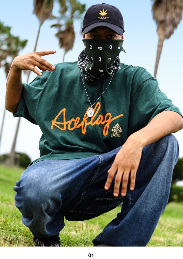 ACEFLAG Tシャツ 半袖 メンズ 緑 大きいサイズ エースフラッグ おしゃれ シンプル スクリプト 筆記体 ビッグシルエット オーバーサイズ スペード b系 ヒップホップ ファッション ...
