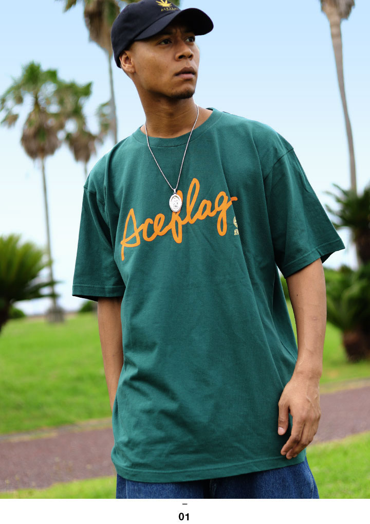 ACEFLAG Tシャツ 半袖 メンズ 緑 大きいサイズ エースフラッグ おしゃれ シンプル スクリプト 筆記体 ビッグシルエット オーバーサイズ スペード b系 ヒップホップ ファッション ...