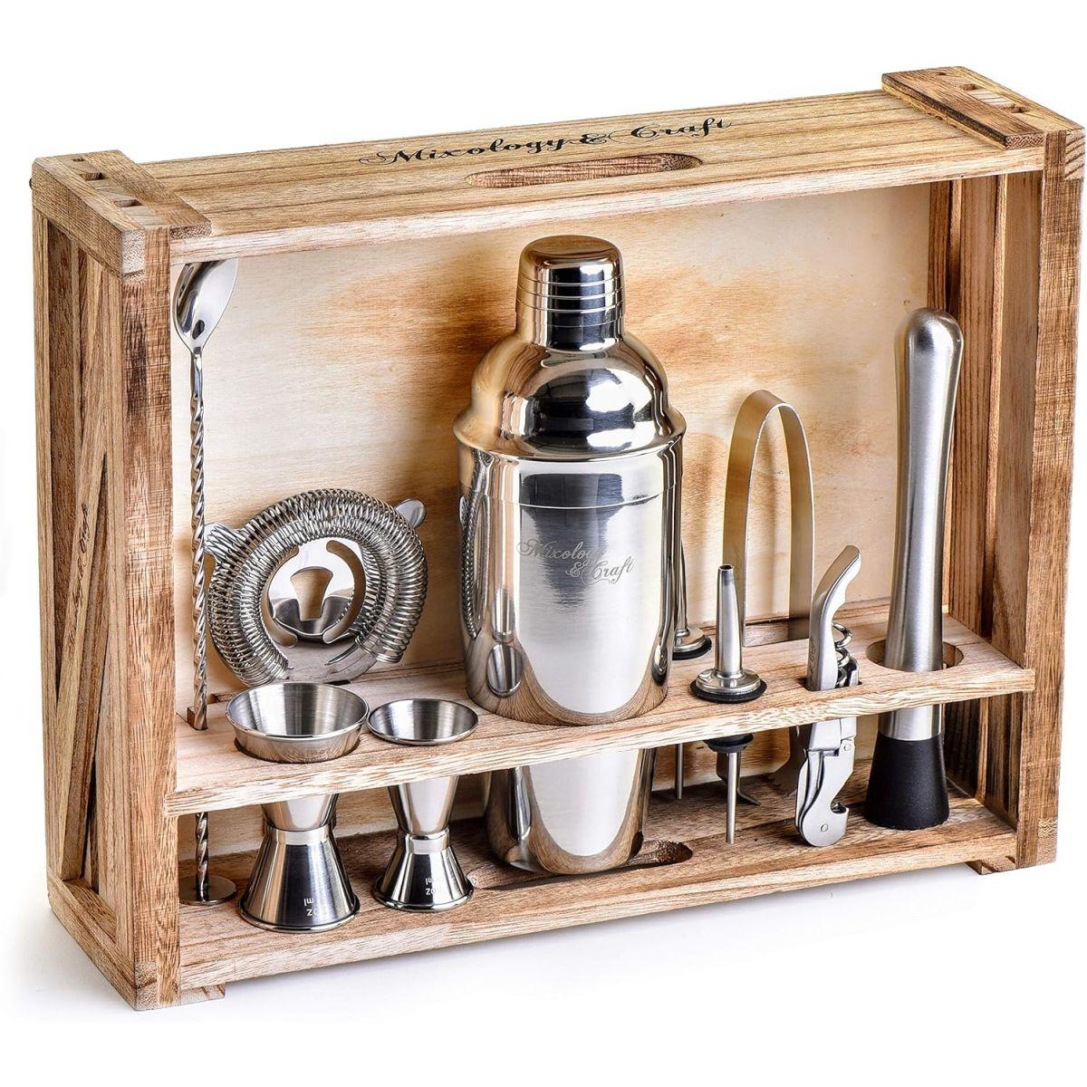 Mixology Bartender Kit: 11-Piece Bar Tool Set with Rustic Wood Stand ...