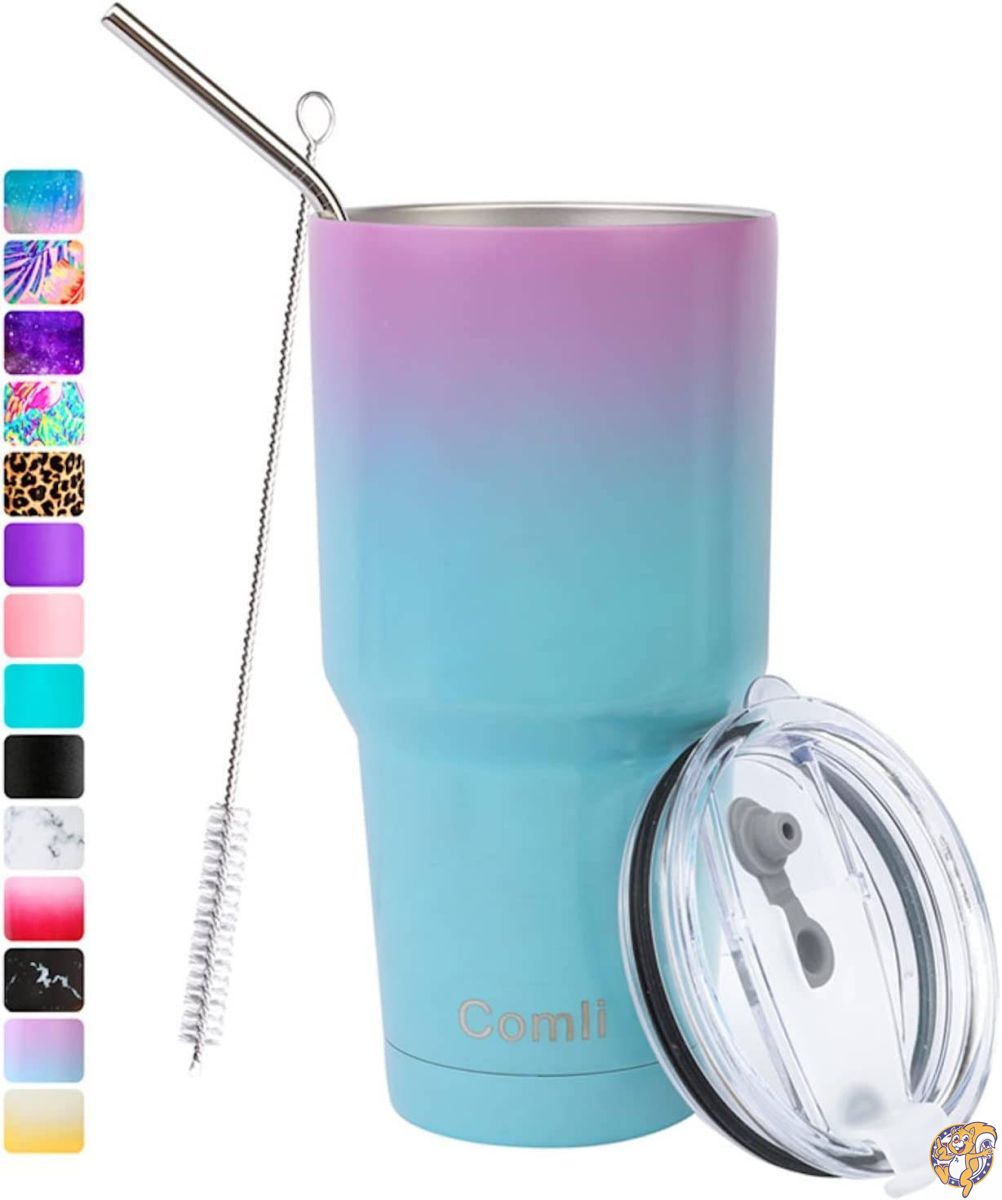 Comli 30オンス タンブラー ステンレススチール 二重壁真空断熱トラベルマグ 蓋とストロー付き クリーニングブラシ(グラデーション ...