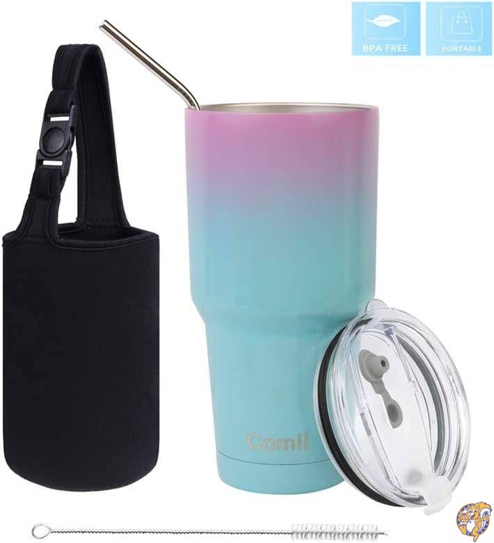 Comli 30オンス タンブラー ステンレススチール 二重壁真空断熱トラベルマグ 蓋とストロー付き クリーニングブラシ(グラデーション ...