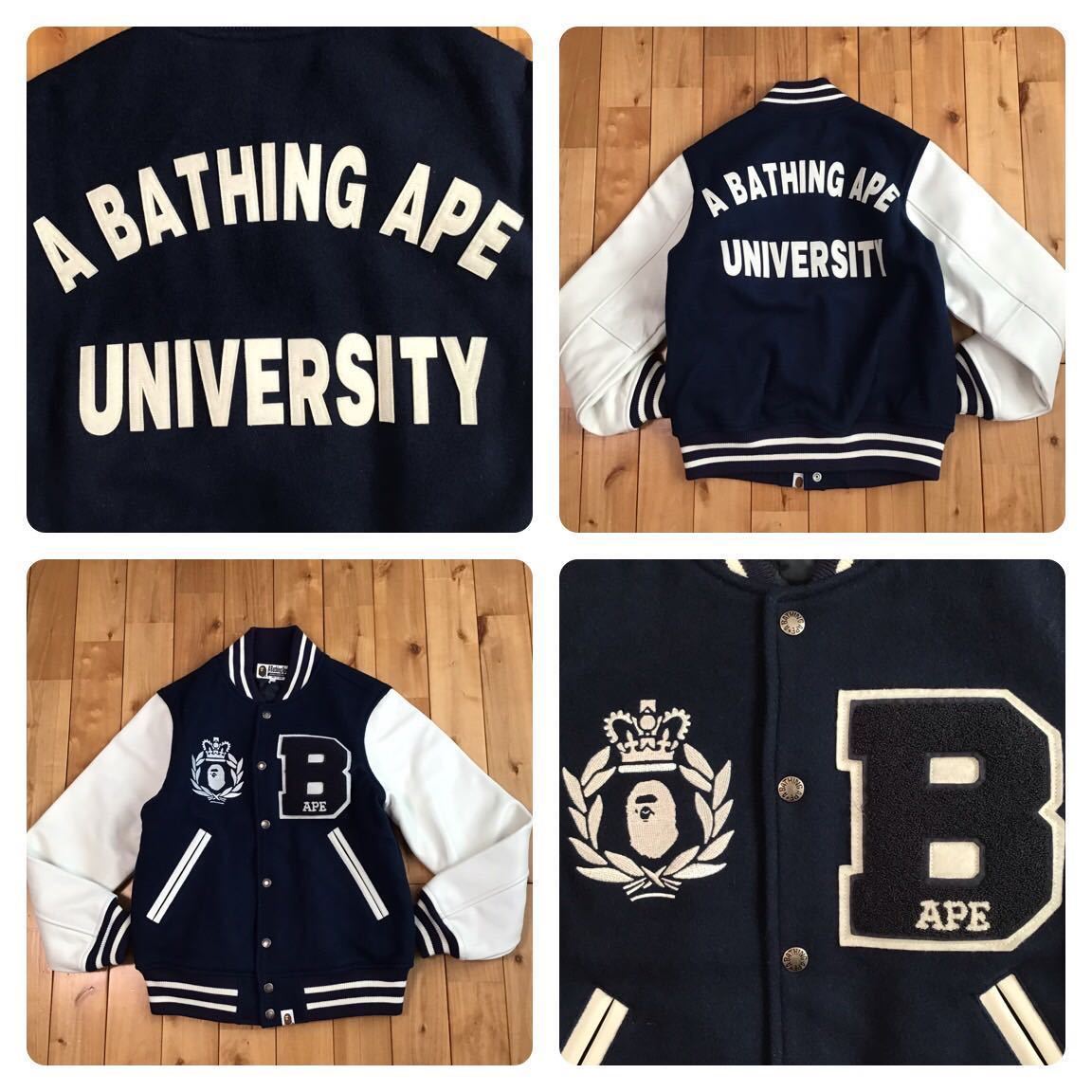 袖レザー BAPE LOGO スタジャン ネイビー Sサイズ a bathing ape leather varsity jacket エイプ ベイプ アベイシングエイプ jz35 | All ...