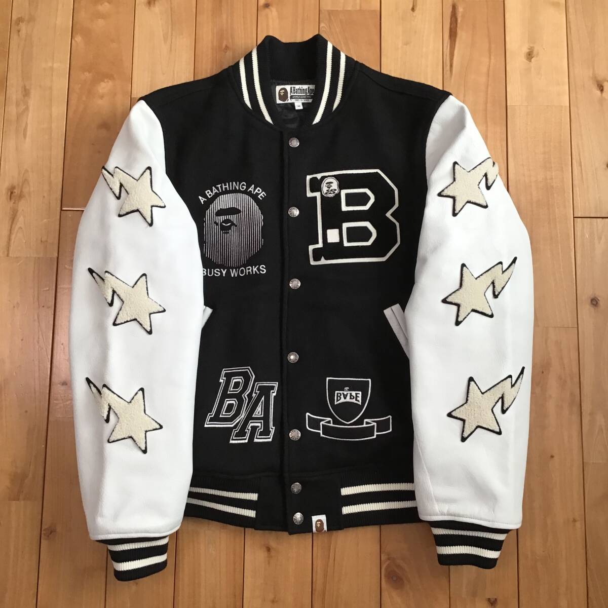 BAPE STA 袖レザー スタジャン Mサイズ black a bathing ape star leather varsity ...