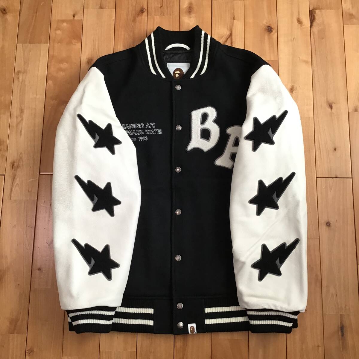 ★XL★ BAPE STA 袖レザー スタジャン black a bathing ape star leather varsity ...
