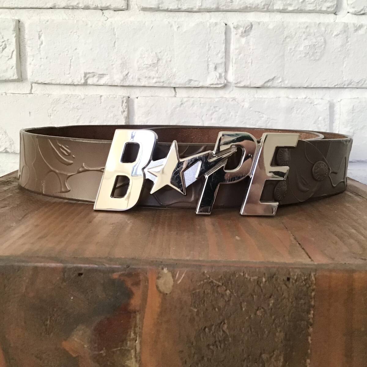 BAPE STA 型押し レザー ベルト Lサイズ ブラウン a bathing ape star leather belt エイプ ベイプ ...
