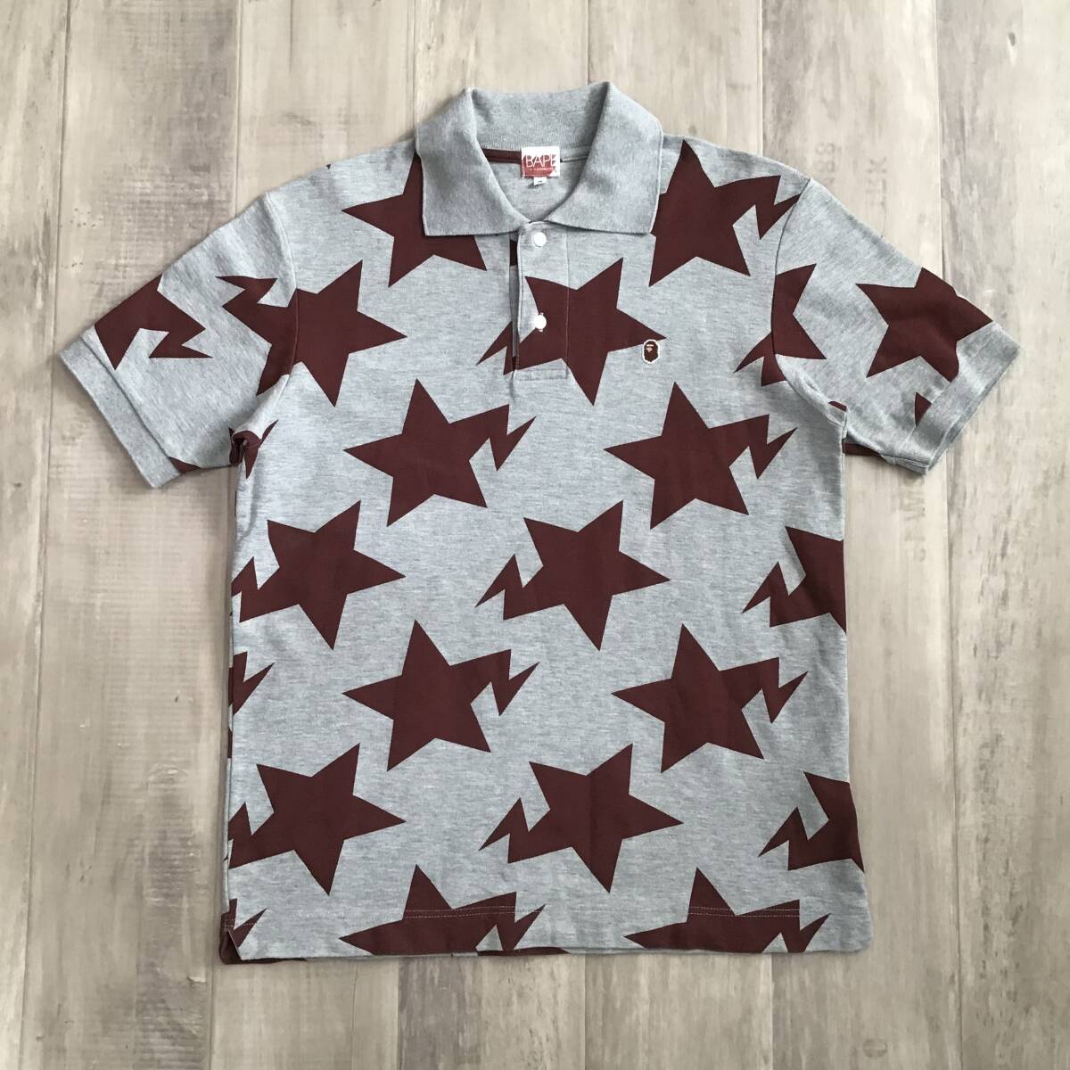 BAPE スター ポロシャツ Mサイズ グレー × ダークレッド a bathing ape star BAPE sta エイプ ベイプ ...