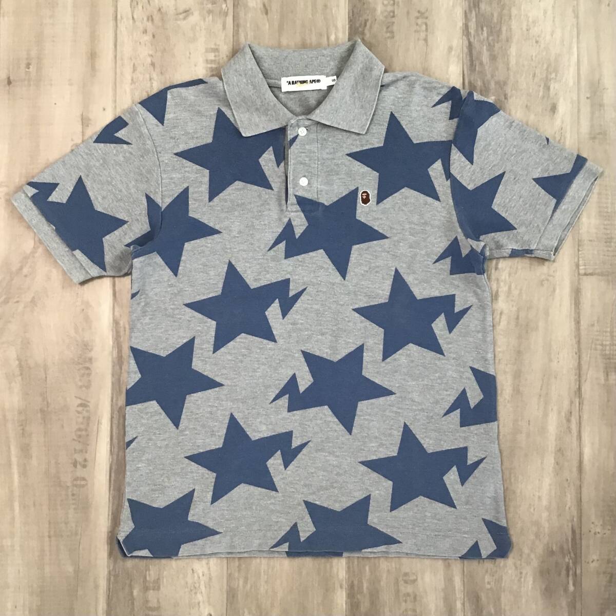 BAPE スター ポロシャツ Sサイズ グレー × ブルー a bathing ape star BAPE sta エイプ ベイプ アベイ ...