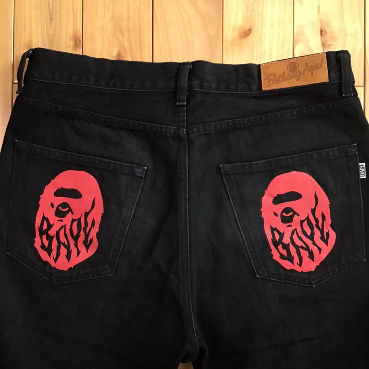 BAPE FLAME black denim pants Lサイズ a bathing ape FIRE デニム パンツ エイプ ベイプ ...