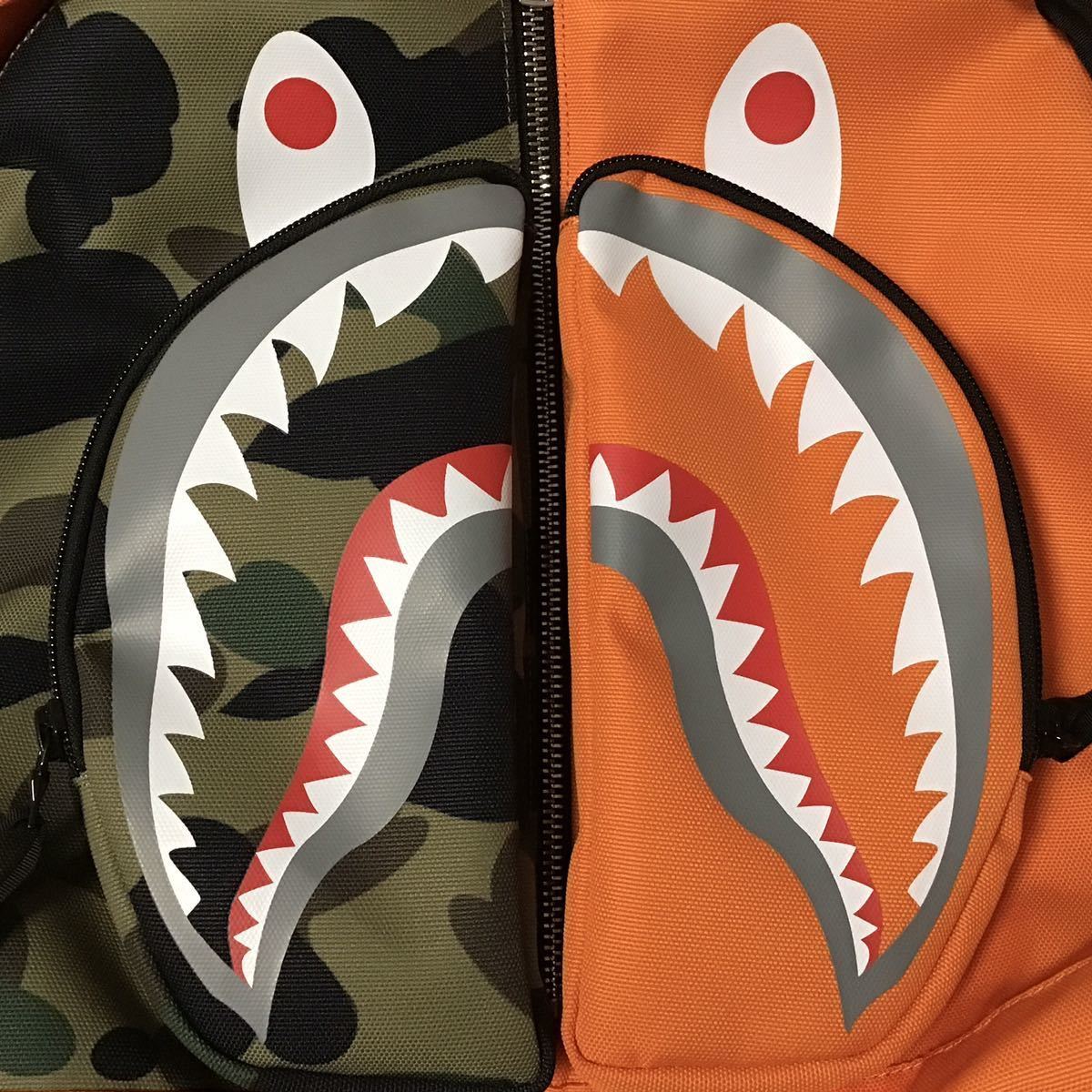 ★新品★ BAPE SHARK DAY PACK 1st camo green × orange a bathing ape backpack ...