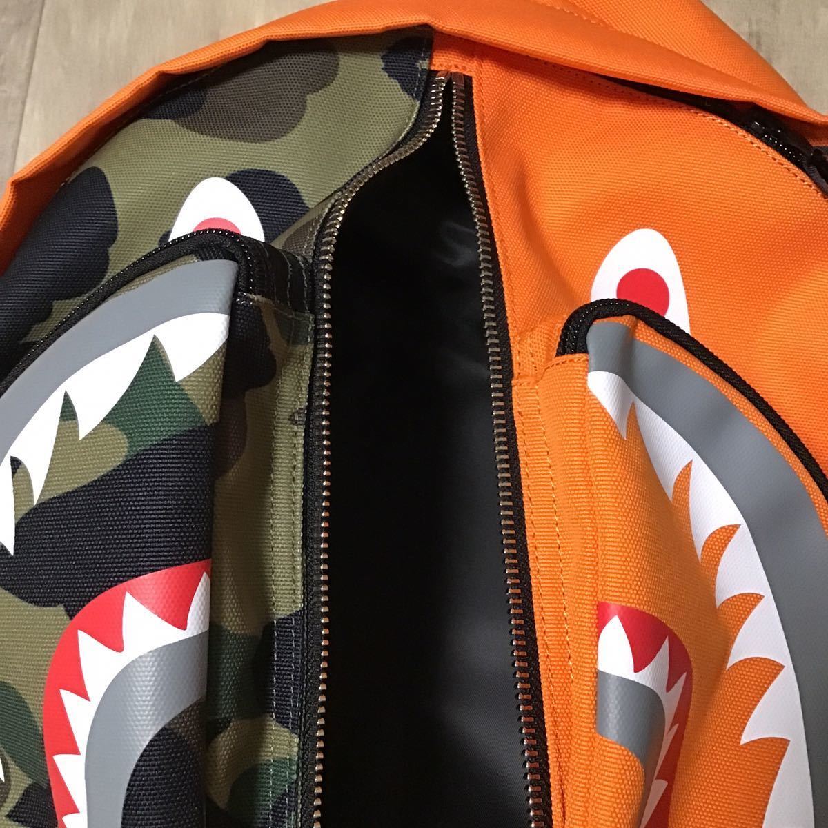 ★新品★ BAPE SHARK DAY PACK 1st camo green × orange a bathing ape backpack ...