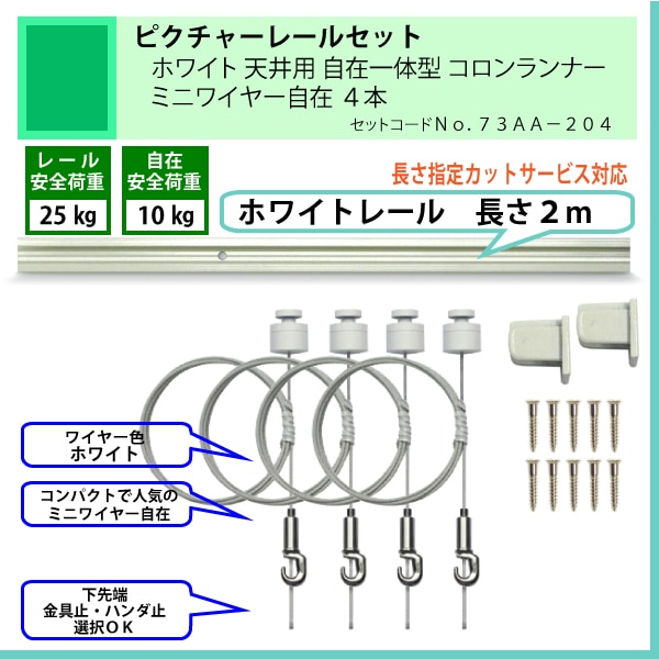 すっきりタイプのピクチャーレールセット C11型ホワイトレール2m天井用 自在一体型 コロンランナー ミニワイヤー自在4本（安全荷重10kg ...