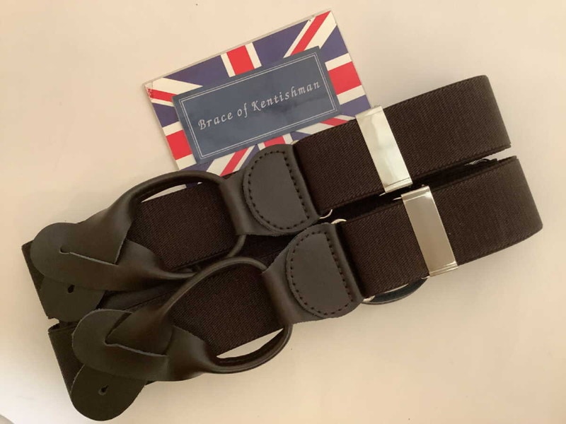 サスペンダー 英国流クラシックYバック6ボタン留めブレイスAZBR 茶に濃茶エンドB385｜Brace of Kentishman公式通販