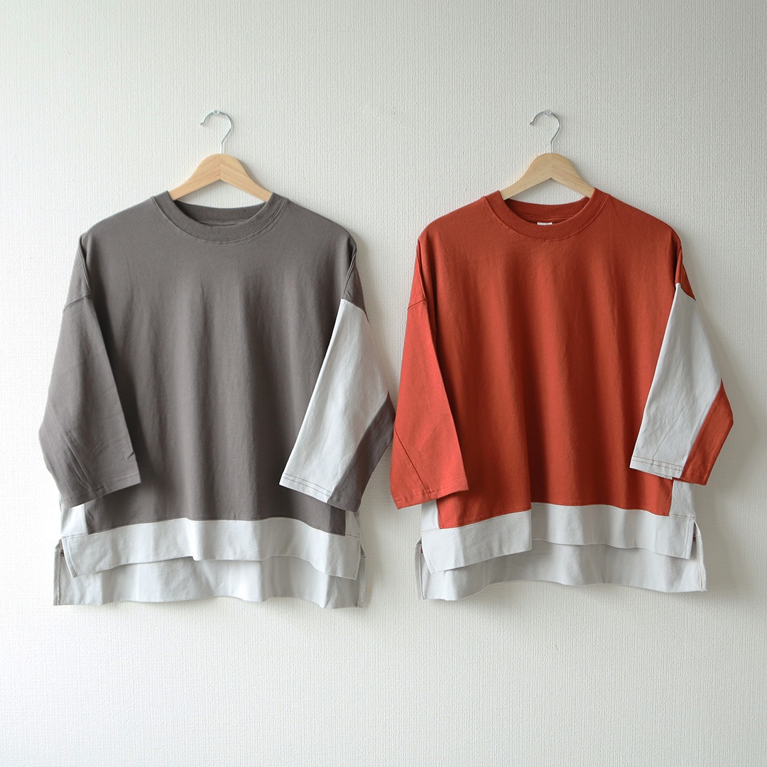 kermu (ケルム) 着映えバイカラー8分袖Tシャツ（コットン天竺） オレンジ/ブラウン|kermu |北欧雑貨＆インテリアのオンラインショップ【KOZLIFE】