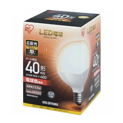 LDG4L-G-4V4 || ボール形LED電球 【5個単位販売】 アイリスオーヤマ 40形相当/400lm AC100V 電球色(2700K) 消費電力(約3.9W) 外径(φ95mm ...