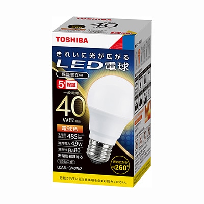 LDA5L-G/40W/2 || LED電球 東芝 一般電球型 【全方向タイプ/260°】 白熱電球40W形相当(全光束：485lm) 電球色(2700K) Ra80 消費電力(4.9W ...