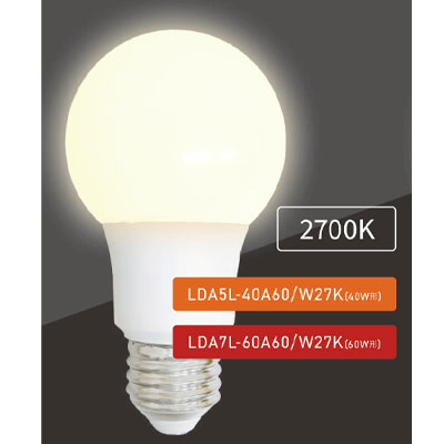 LDA5L-40A60/W27K || 一般電球型LEDランプ【10個単位販売】 ALEG(アレッグ) 40W相当 電球色(2700K) 広配光260° 口金:E26 外径:60mm 全長 ...