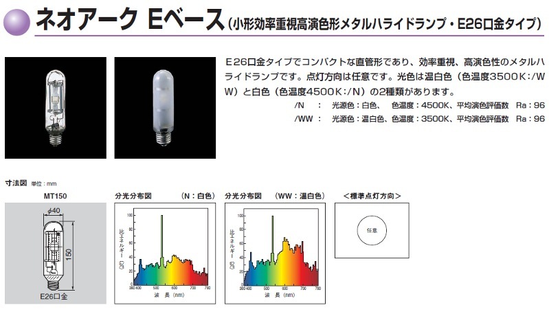MT150/N | 東芝(TOSHIBA) 40ミリ径 150形 透明形 白色(色温度：4500K) E26口金 ネオアーク Eベース 小形 ...