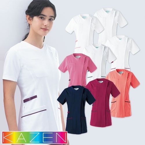 レディススクラブジャケット 半袖 981 スクラブ 白衣 KAZEN カゼン レディース 女性用 医師 医者 看護師 ナース 研修医 医療用 細身 ポケット ループ付き ストレッチ 病院 小児 ...