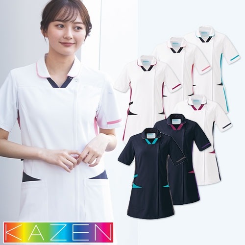 レディススクラブジャケット 半袖 996 スクラブ 白衣 KAZEN カゼン レディース 女性用 医師 医者 看護師 ナース 研修医 医療用 衿付き 細身 ニット ストレッチ 病院 小児科 ...