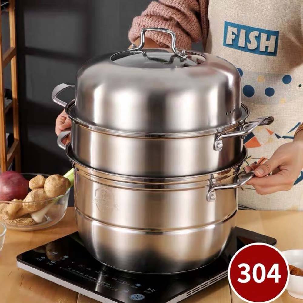 プチプラ蒸鍋 蒸しもの鍋 蒸し鍋 【3層底】満菜 四段蒸し器 深型 ガラス鍋蓋付 NEW ステンレス IH対応 各種熱源対応 28cm 30cm 32cm 34cm 36cm通販