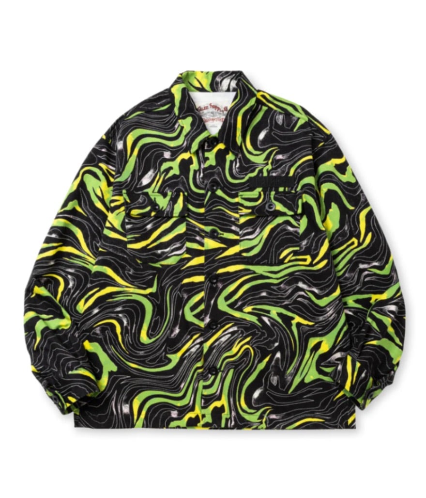 CAMO PATTERN OVER SHILHOUETTE L/S SHIRT JACKET【BLACK/GREEN】｜CALEE｜MELTING POT（正規取扱店・通販）