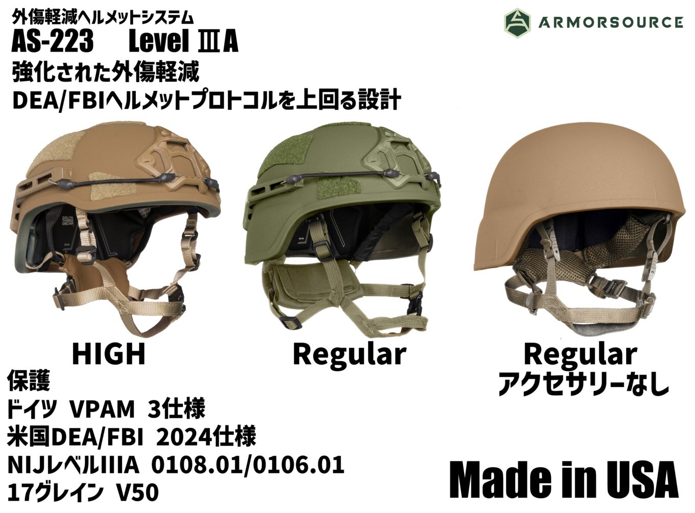 AS-223 外傷軽減ヘルメット Level ⅢA DEA/FBI VPAM3 防弾ヘルメット 米国 ArmorSource 実物 ITAR規制品 【日本総代理店】