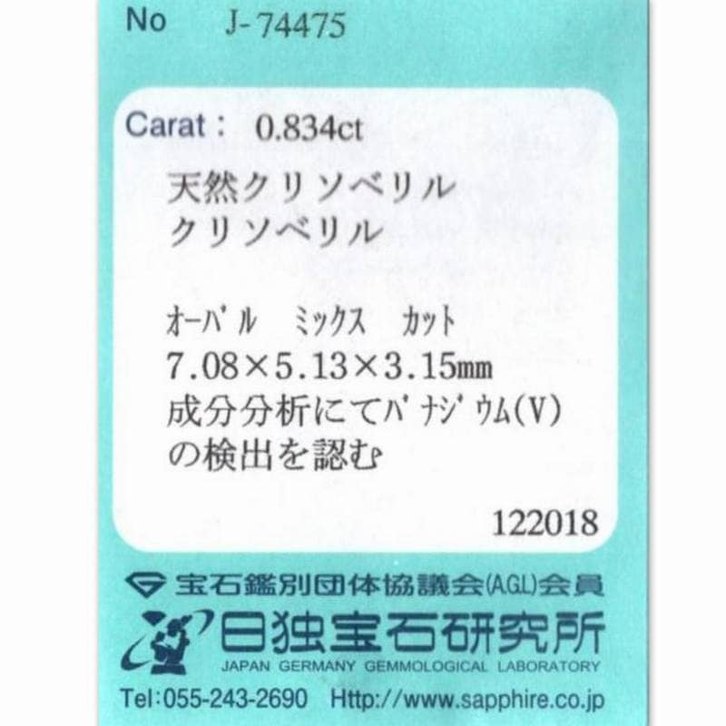 天然バナジウムクリソベリル 0.83ct 【ミント・UV蛍光】 日独ソ付