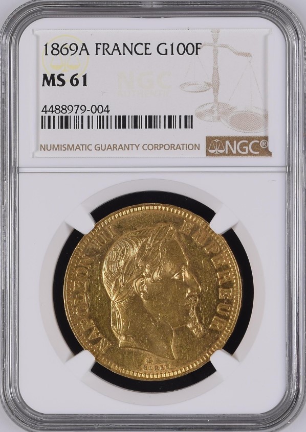 【銀行振込割引なし】【会員様割引なし】 1869年A フランス ナポレオン三世 100フラン 金貨 NGC MS61 | 新商品 | 都コイン（ミヤココイン）
