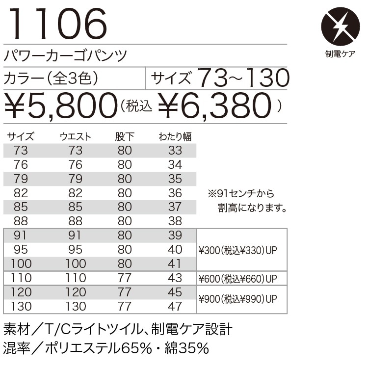 BURTLE バートル 1106 パワーカーゴパンツ 73 76 79 82 85 88 91 95 100 110 120 130 オールシーズン対応 作業着 作業服 ポリ綿 制電素材 ...