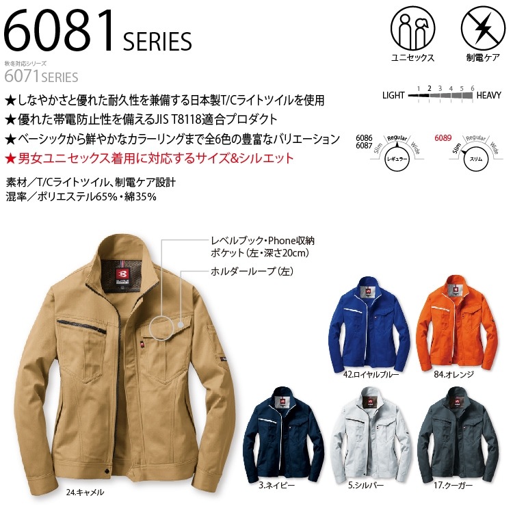BURTLE バートル 6081 ジャケット SS S M L LL 3L 4L 5L オールシーズン対応 作業着 作業服 ポリ綿 JIS制電 ユニセックス | ジャケット | W4