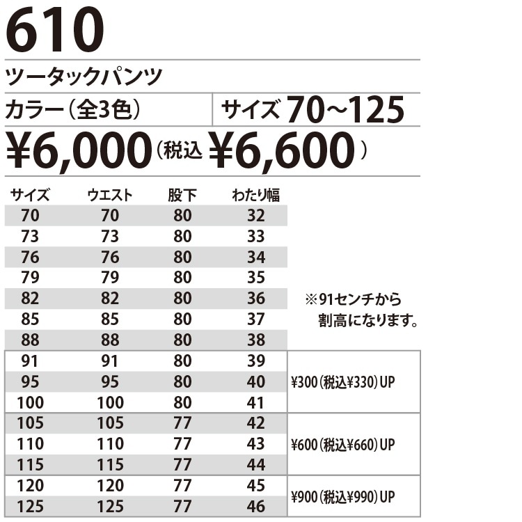 BURTLE バートル 610 ツータックパンツ 70 73 76 79 82 85 88 91 95 100 105 110 115 120 125 オールシーズン対応 作業着 作業服 ポリ ...