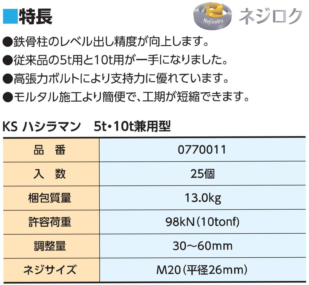 在庫あり】鉄骨柱レベル調整 KS ハシラマン 5t･10t兼用 ×1個入り＜国元商会＞ ・ 同等は テツダンゴ ・ レベルマン ・ ファブベース ・ 兼用テツ兵衛 | | 金物専門店ネジロク ...