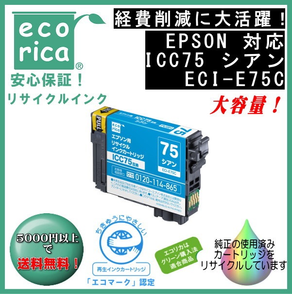 ICC75 シアン IC75 顔料インク リサイクル品（エコリカ）ECI-E75C | インク,エプソン,IC74,IC75,IC76 | 株式会社エフピー通販