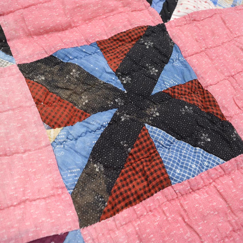 OLD PATCHWORK CALICO PINWHEEL / STRING PIECING QUILT ... 148cm×188cm ...