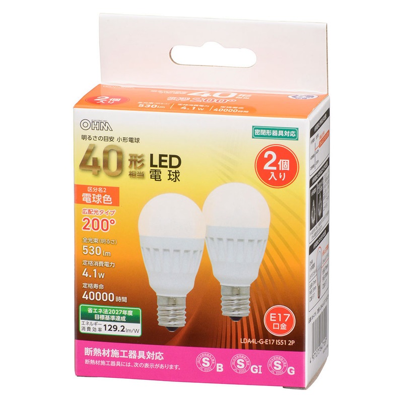 LED電球 小形 E17 40形相当 電球色 2個入｜LDA4L-G-E17 IS51 2P 06-4716｜通販ならオーム電機ダイレクト
