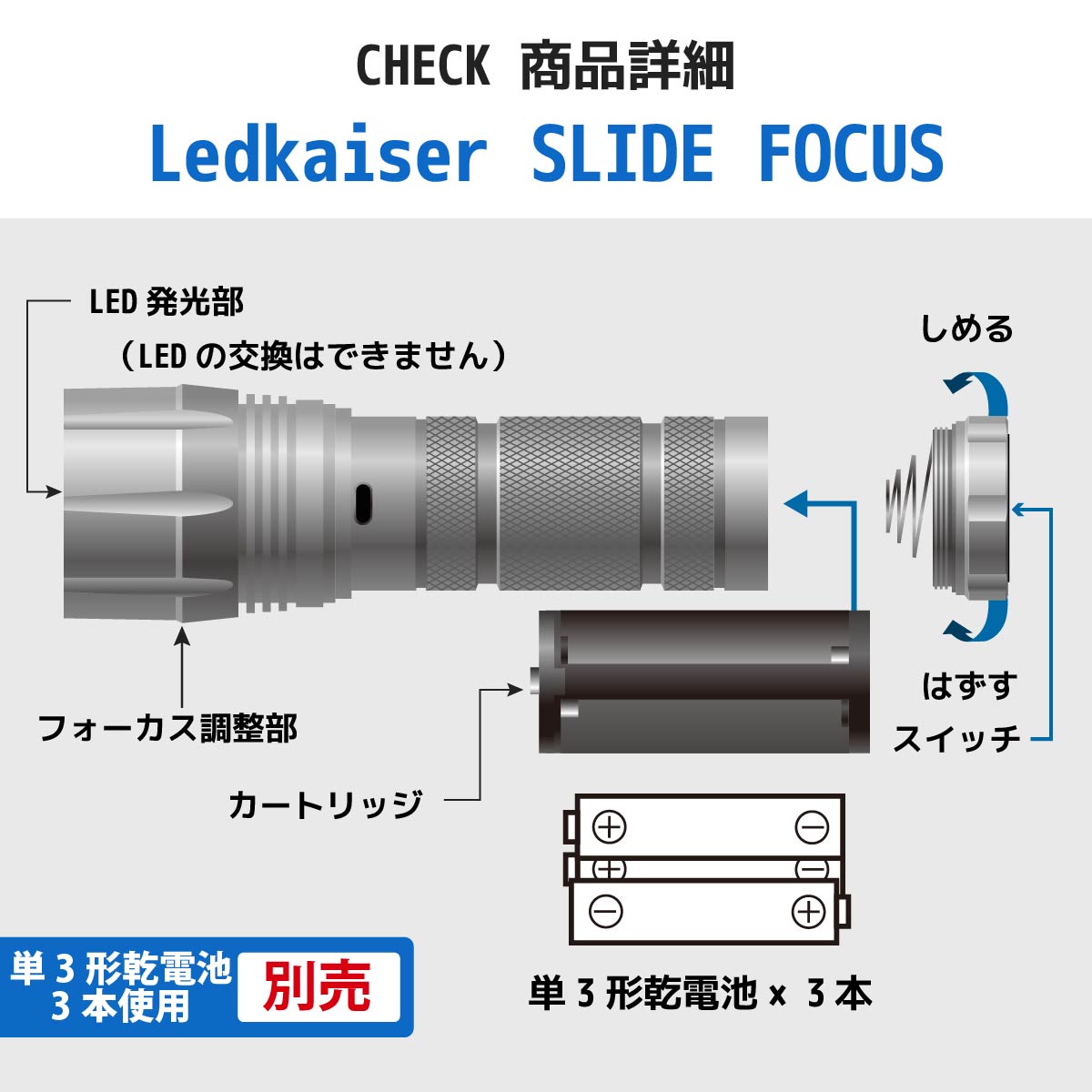 防水LEDズームライト レッドカイザー 1100ルーメン｜LHA-KS331Z-S2 08-1018｜通販ならオーム電機ダイレクト