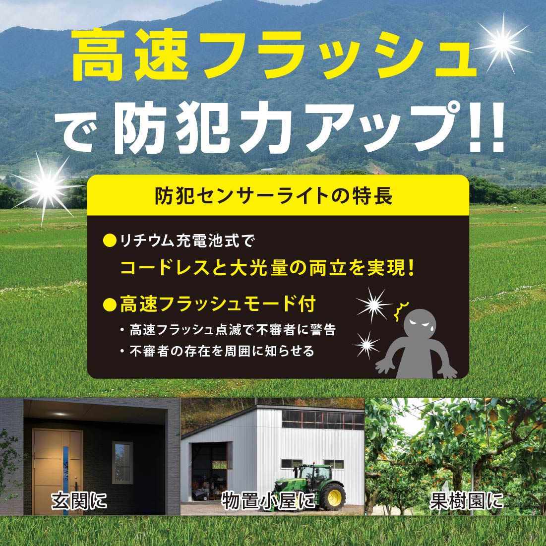 monban 防犯センサーライト 2灯 リチウム充電池式 2000ルーメン｜LS-B312 07-8802｜通販ならオーム電機ダイレクト