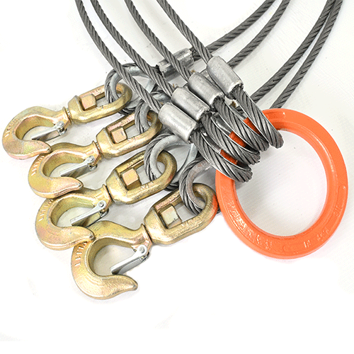 径10mm(3.5分)×1.5m_4点吊_使用荷重:2t_スイベルフック_ワイヤーロープ_リング_フック_クレーン作業_スリング_JS4-10-15 | 径10mm | 鳳ワークス