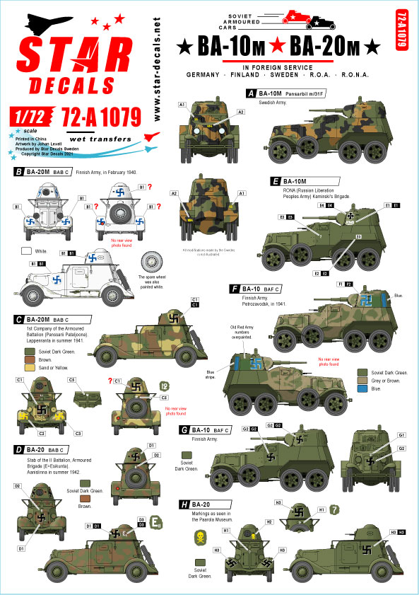 スターデカール 72-A1079 1/72 他国軍で運用されたBA-10M ＆ BA-20M装甲車. ドイツ,スウェーデン, フィンランド ...