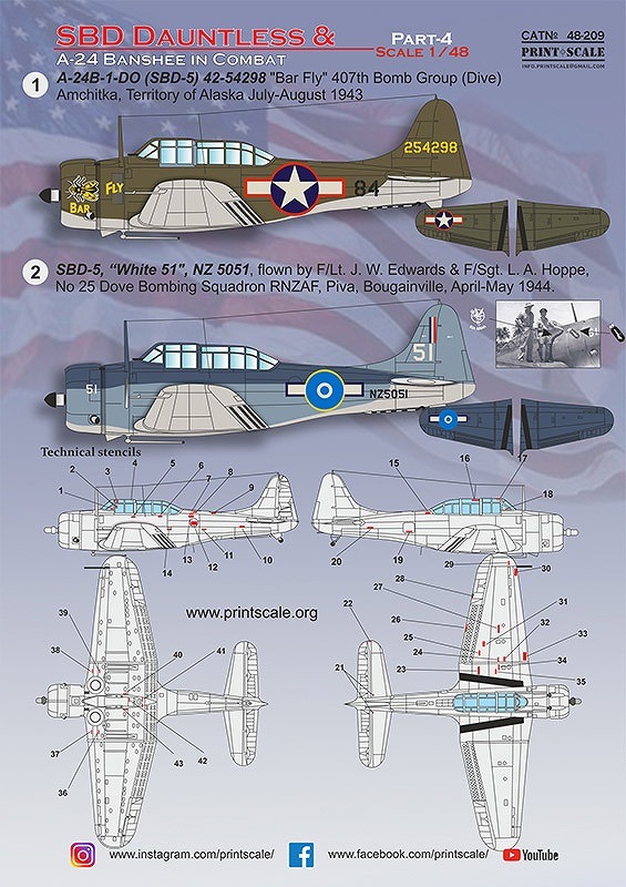 プリントスケール 48-209 1/48 SBD ドーントレス & A-24 バンシー Part4 | PRINT SCALE,ウェットデカール 1/48 | ホビーショップ パンツァーレーア