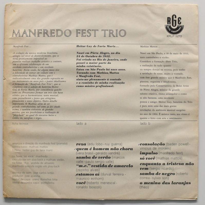 Manfredo Fest Trio - Manfredo Fest Trio [LP]｜JAZZ,Brazilian Jazz｜Paddy ...