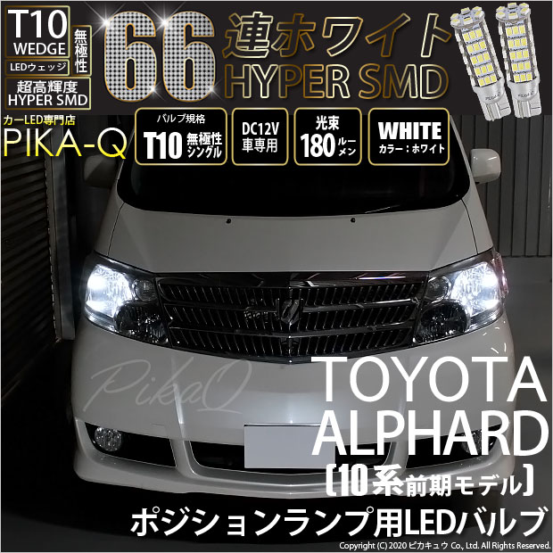 【即納】【メール便可】トヨタ アルファード[10系 前期]対応 ポジションランプ用LED T10 HYPER SMD 66連 ウェッジシングル LEDカラー：ホワイト 無極性 1セット2個入