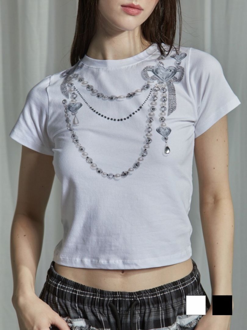 【GATELESS】NECKLACE PRINT CROPPED T-SHIRT / 【ゲートレス】ネックレスプリントクロップド半袖Tシャツ ...