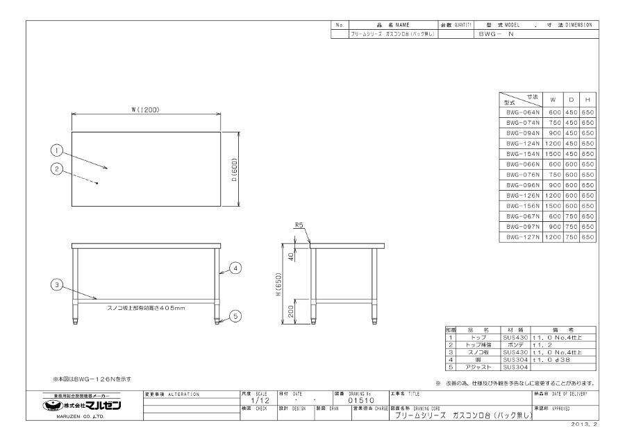 マルゼン ガスコンロ台 BWG-096N ブリームシリーズ SUS430 | シンク・作業台,作業台・ガス台 | 業務用通販 プロマーケット