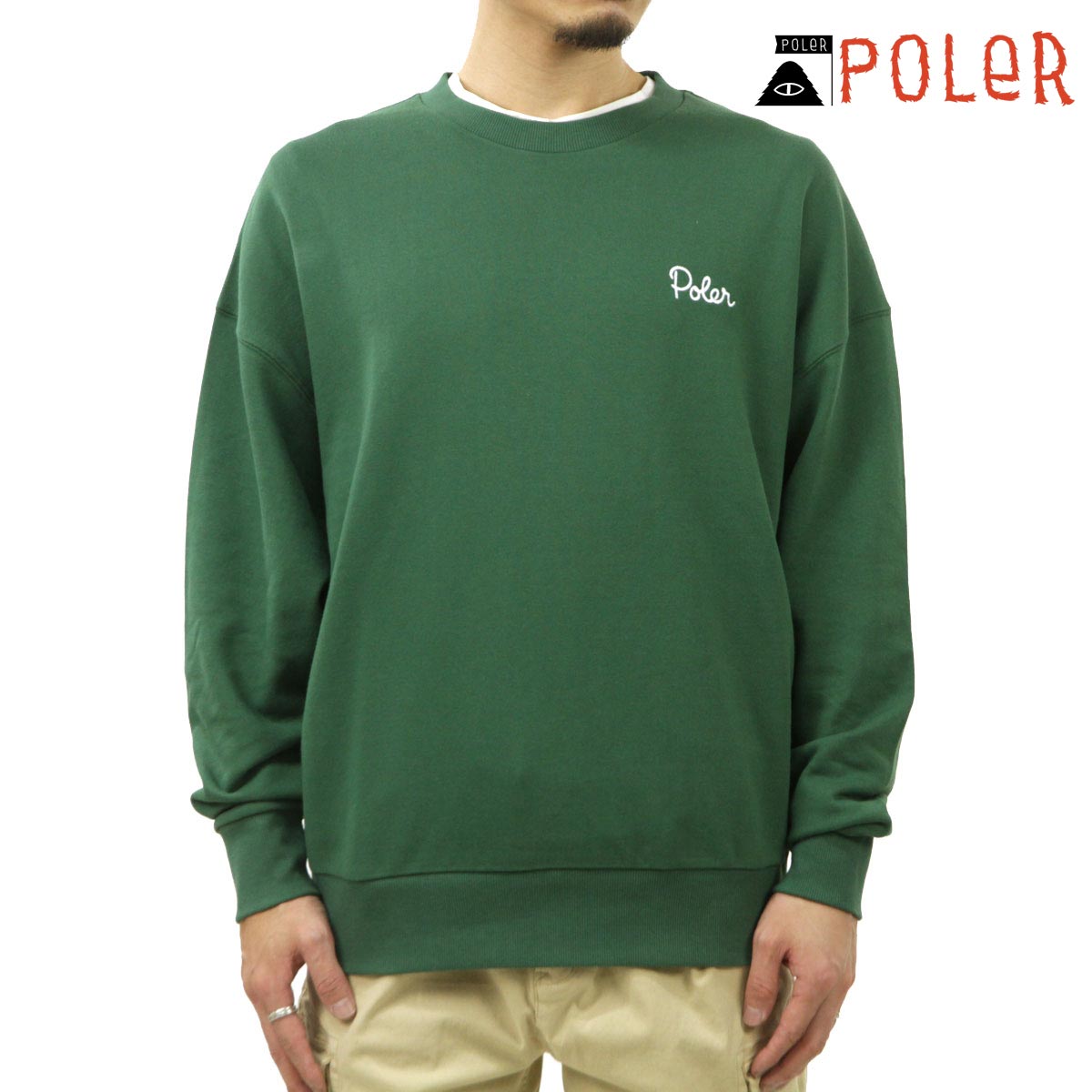 ポーラー メンズ スウェット 正規販売店 POLER ロゴ クルーネック トレーナー POLER EMB CREW FLEECE 233MCV0044-GRN GREEN | POLER ...