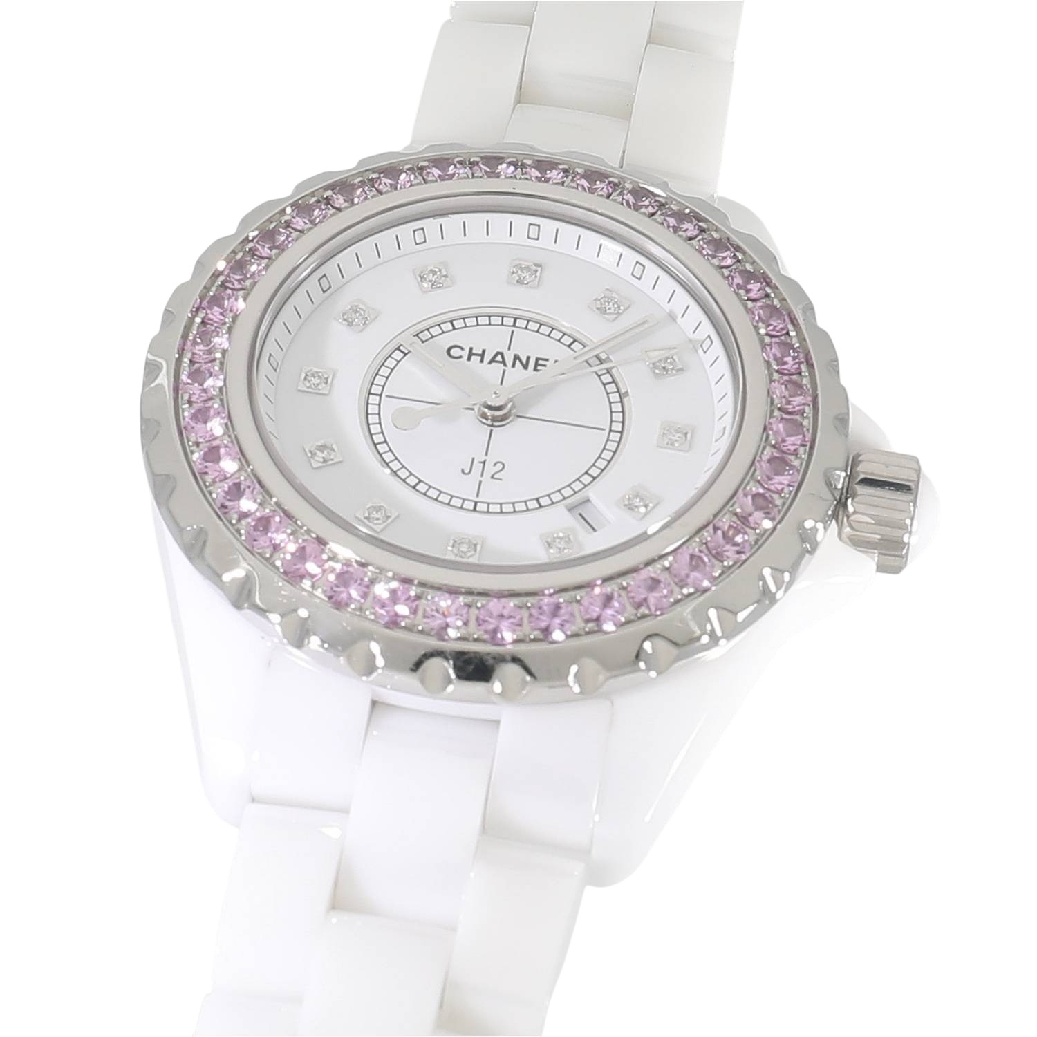 C10405 | [中古]シャネル J12 ホワイトセラミック 33MM ピンクサファイアベゼル H2010 ホワイト×12Pダイヤ ...