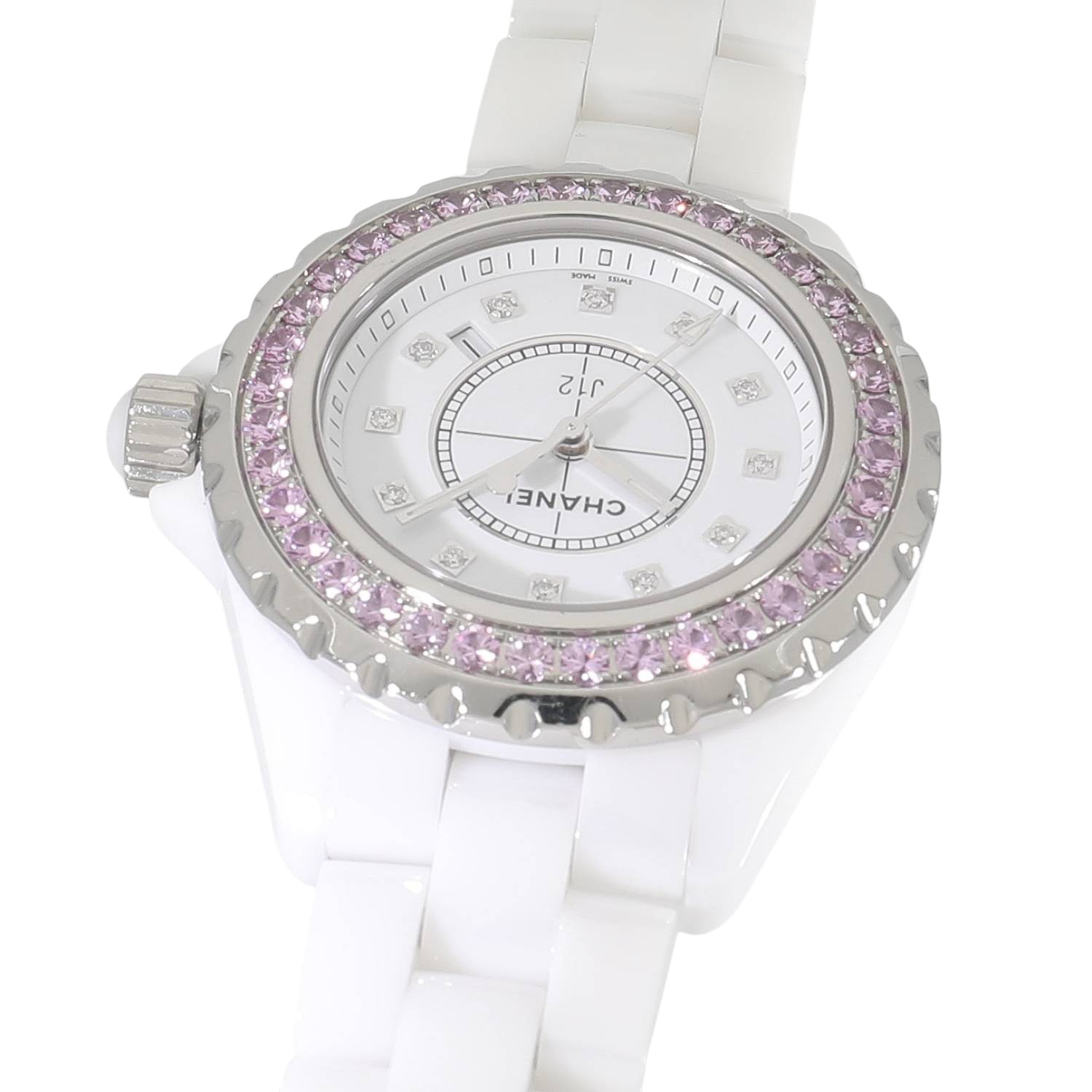 C10405 | [中古]シャネル J12 ホワイトセラミック 33MM ピンクサファイアベゼル H2010 ホワイト×12Pダイヤ ...