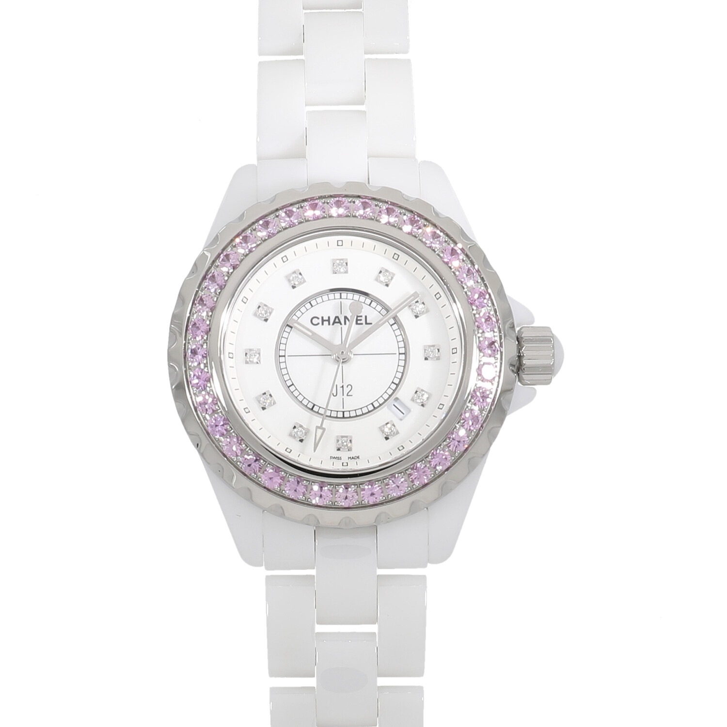 C9229 | [中古]シャネル J12 ホワイトセラミック 33MM ピンクサファイアベゼル H2010 ホワイト×12Pダイヤモンド ...