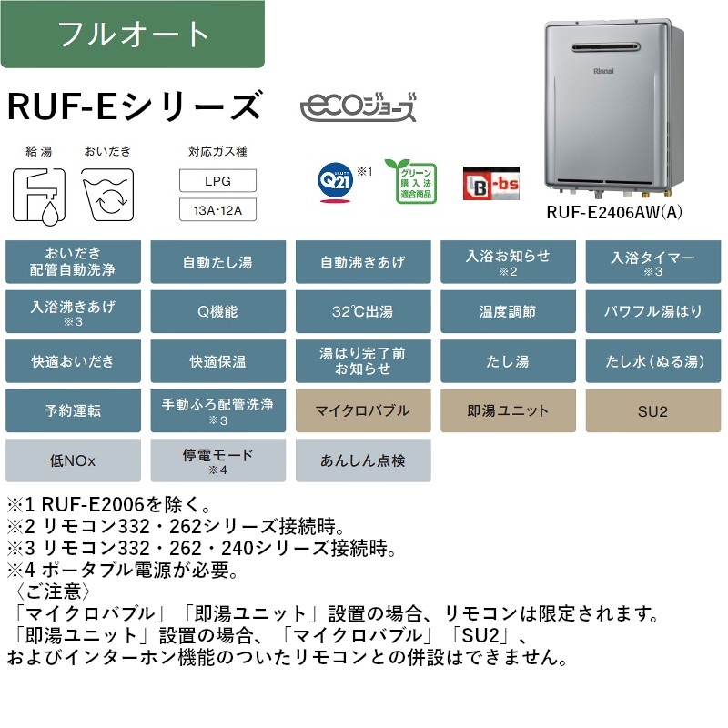 リンナイ 【RUF-E2406AW(A)】 エコジョーズ ガスふろ給湯器 24号 フルオート Rinnai
