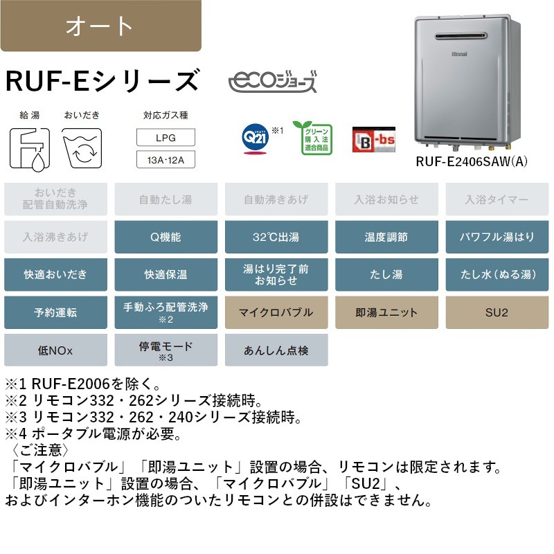 リンナイ 【RUF-E2406SAW(A)】 エコジョーズ ガスふろ給湯器 24号 オート Rinnai
